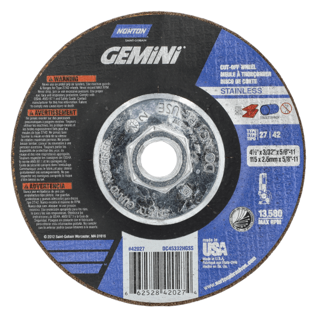 Norton Gemini INOX/SS A AO Type 27/42 Right Angle Cut-Off Wheel ...