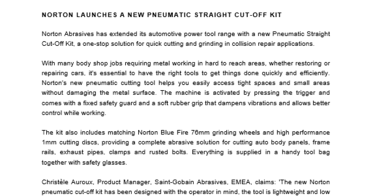 Norton Launches A New Pneumatic Straight Cut-Off Kit | Norton Abrasives ...